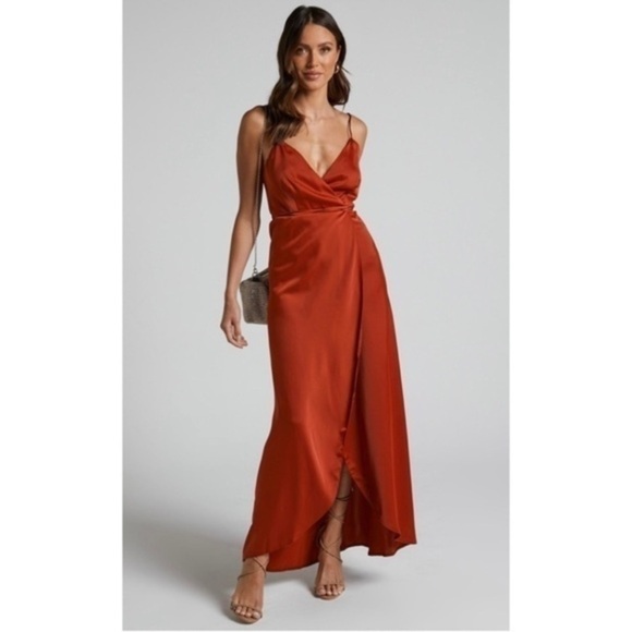 Showpo. | Dresses | Showpo Rust Satin Wrap Tulip Hem Midi Dress Size 6 ...